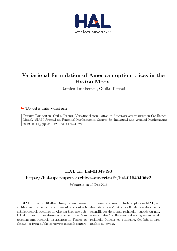 (PDF) Variational Formulation of American Option Prices in the Heston Model