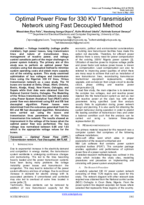 Pdf Optimal Power Flow For 330 Kv Transmission Network Using Fast Decoupled Method