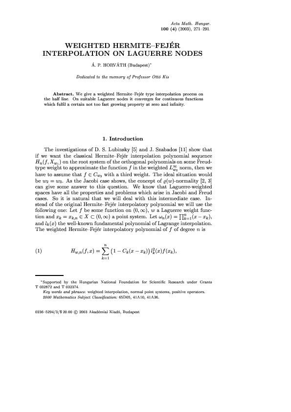 (PDF) Weighted Hermite–Fejér interpolation on Laguerre nodes