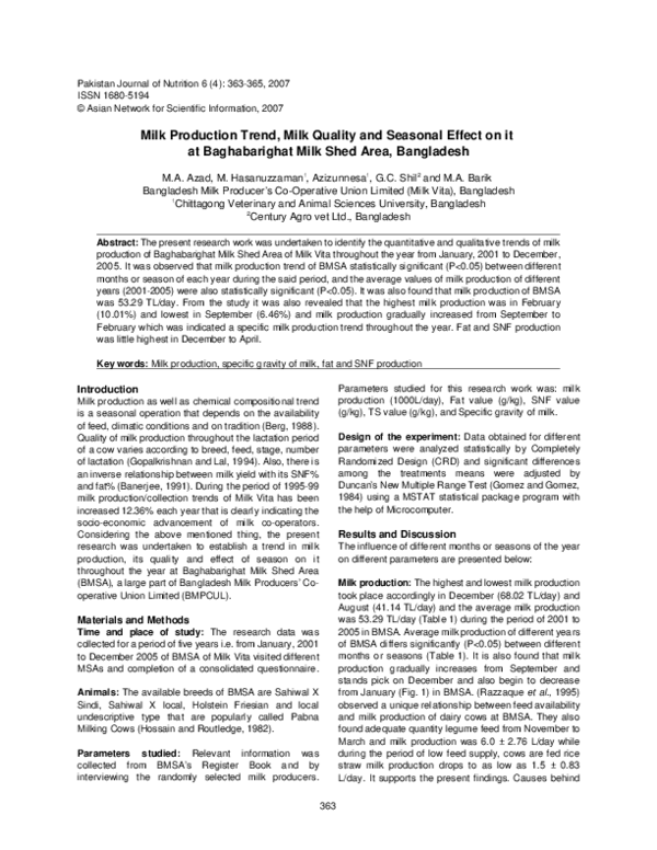 (PDF) Milk Production Trend, Milk Quality and Seasonal Effect on it at ...