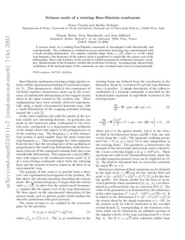Pdf Scissors Mode Of A Rotating Bose Einstein Condensate Sandro Stringari