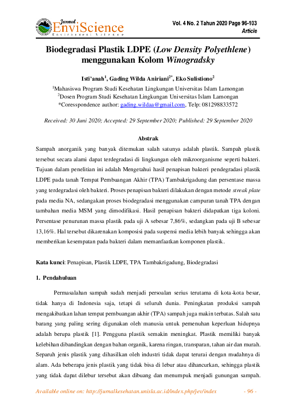 (PDF) Biodegradasi Plastik LDPE (Low Density Polyethlene) menggunakan ...