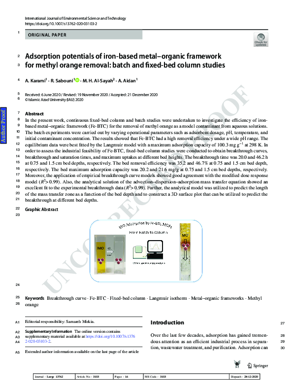 (PDF) Adsorption potentials of iron-based metal–organic framework for methyl orange removal ...