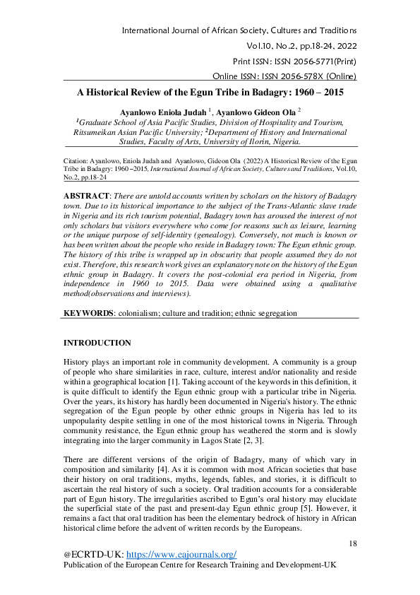 (PDF) A Historical Review of the Egun Tribe in Badagry : 1960 – 2015