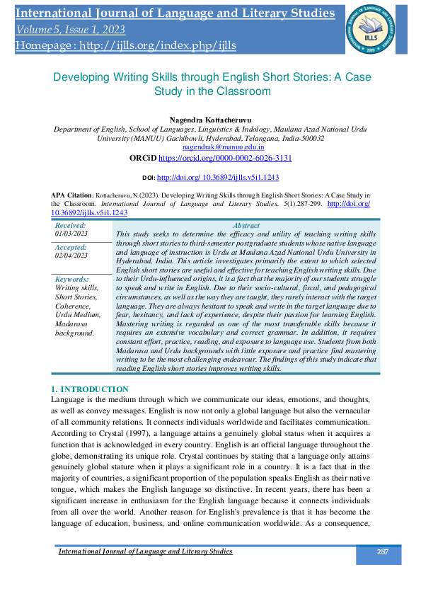 (PDF) Developing Writing Skills through English Short Stories: A Case Study in the Classroom