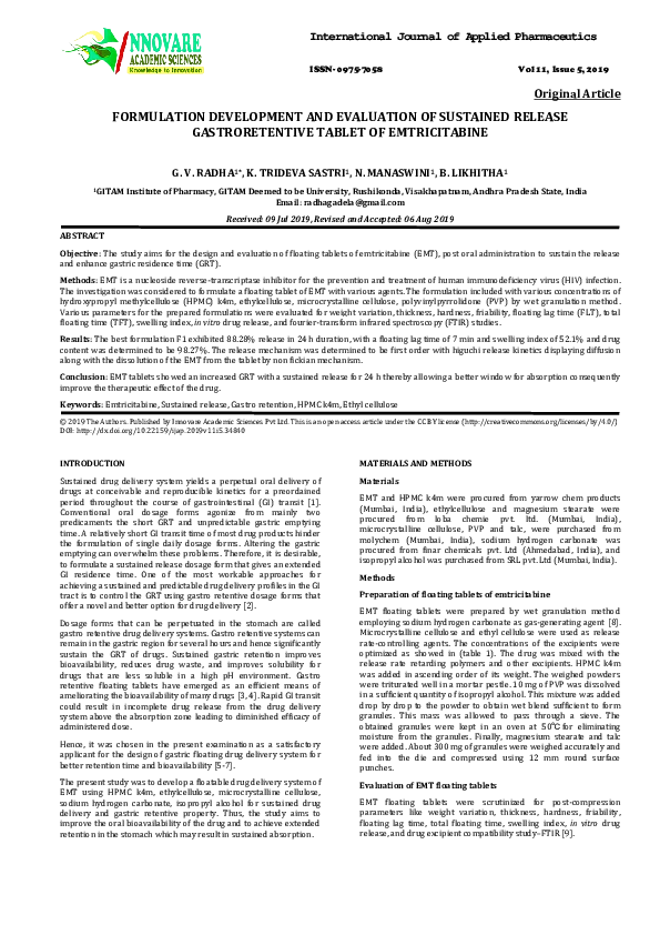 Pdf Formulation Development And Evaluation Of Sustained Release Gastroretentive Tablet Of