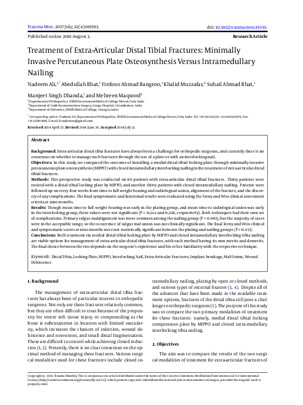 (PDF) Treatment of Extra-Articular Distal Tibial Fractures: Minimally Invasive Percutaneous ...