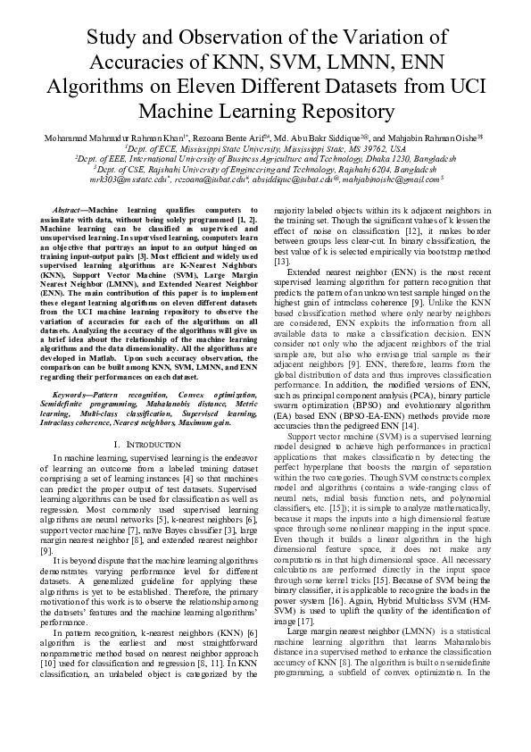 (PDF) Study and Observation of the Variation of Accuracies of KNN, SVM, LMNN, ENN Algorithms on ...