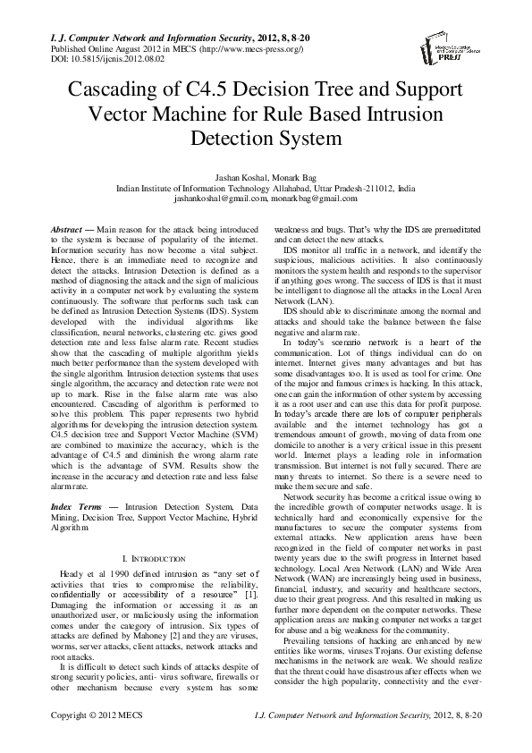 (PDF) Cascading of C4.5 Decision Tree and Support Vector Machine for Rule Based Intrusion ...