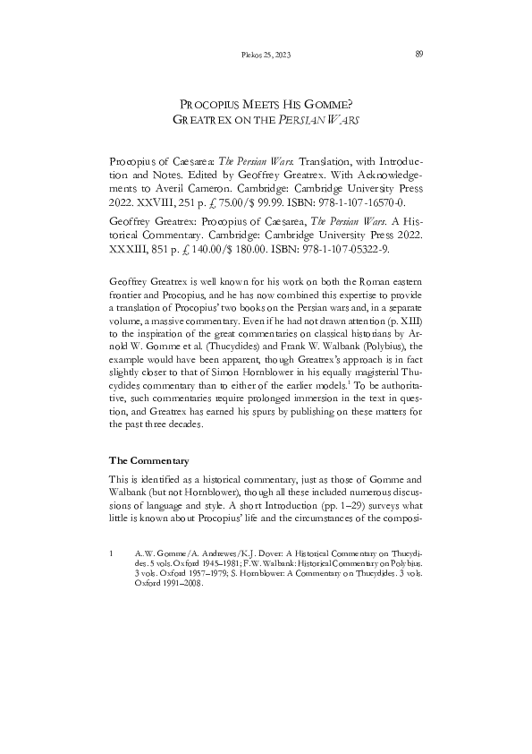 (PDF) Procopius Meets hs Gomme? Greatrex on the Persian Wars