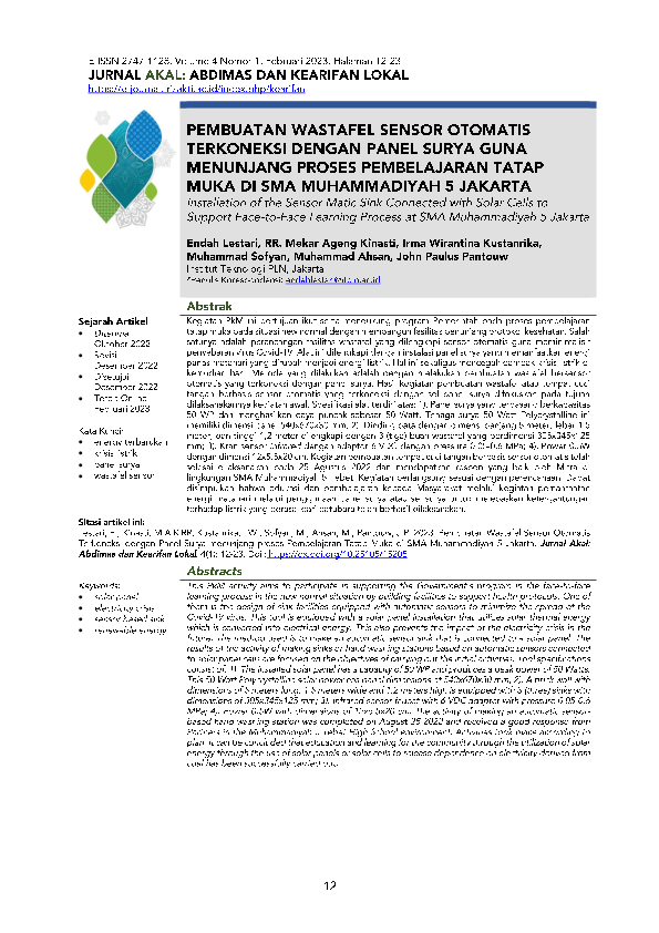 (PDF) Pembuatan Wastafel Sensor Otomatis Terkoneksi Dengan Panel Surya Guna Menunjang Proses ...