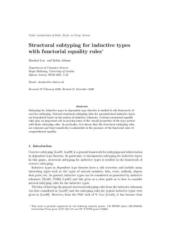 (PDF) Structural subtyping for inductive types with functorial equality rules | Zhaohui Luo ...