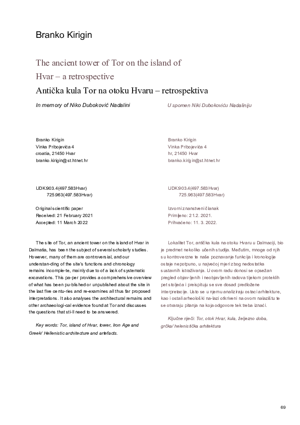 (PDF) The ancient tower of Tor on the island of Hvar – a retrospective
