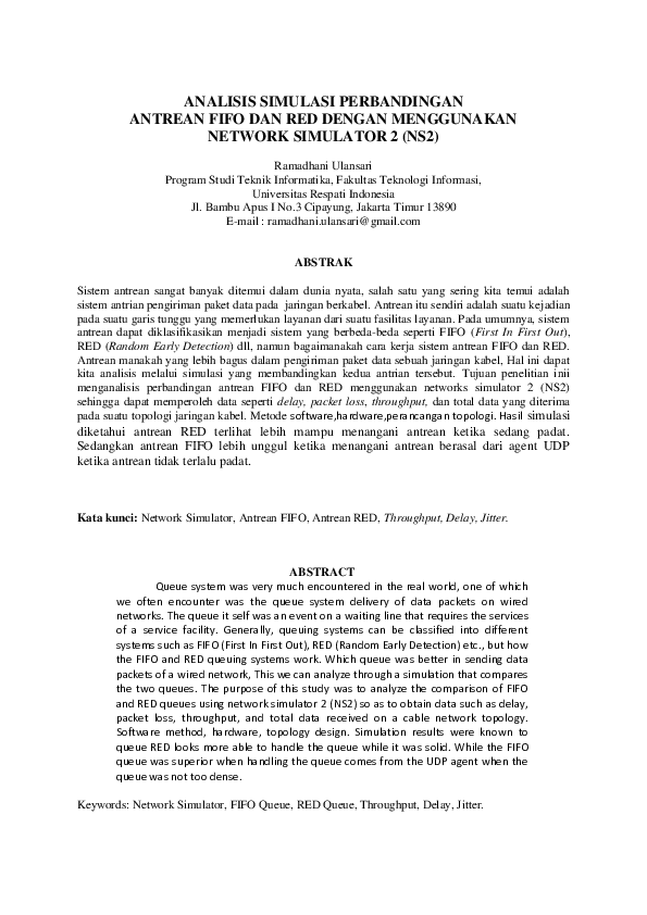 (PDF) Analisis Simulasi Perbandingan Antrean Fifo Dan Red Dengan Menggunakan Network Simulator 2 ...