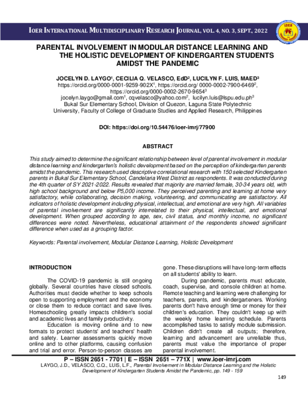 (PDF) Parental Involvement and Holistic Development in Kindergarten