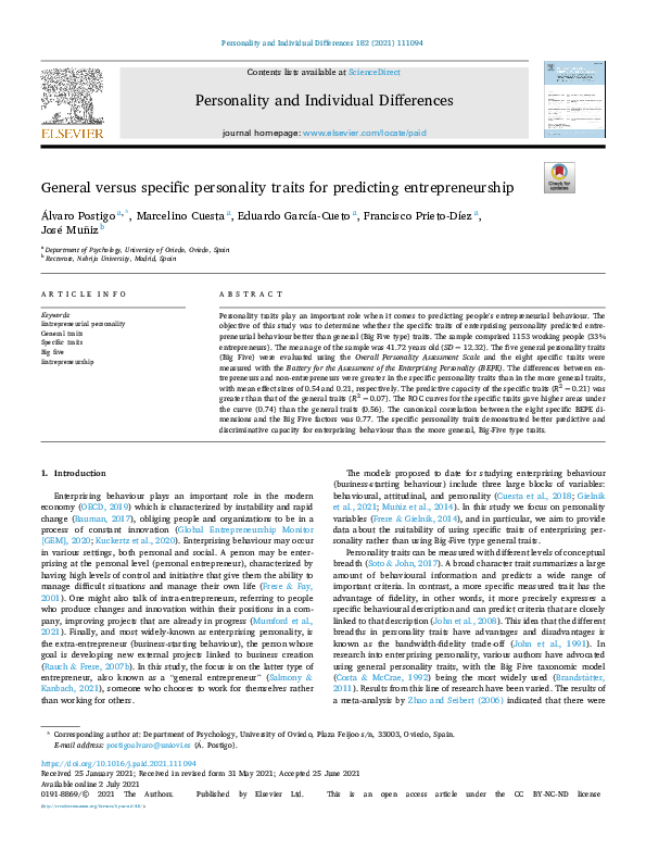 (PDF) General versus specific personality traits for predicting ...