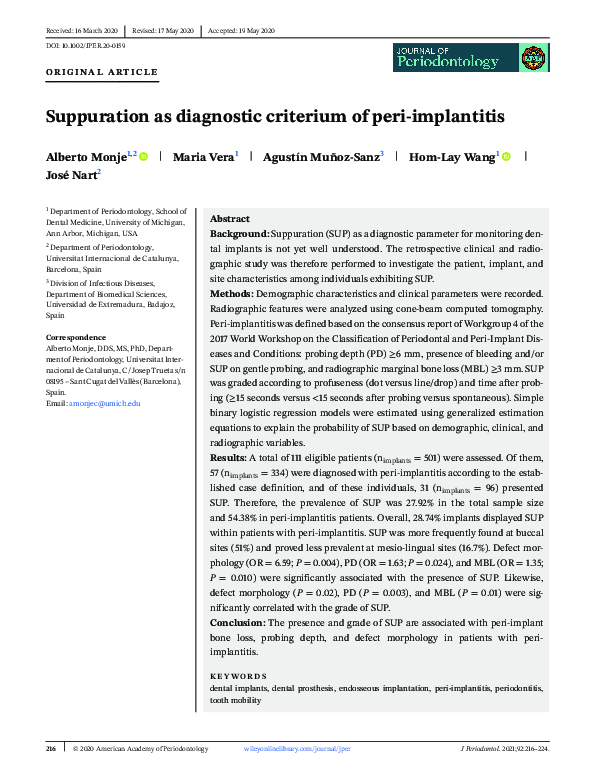 (PDF) Suppuration as diagnostic criterium of peri‐implantitis