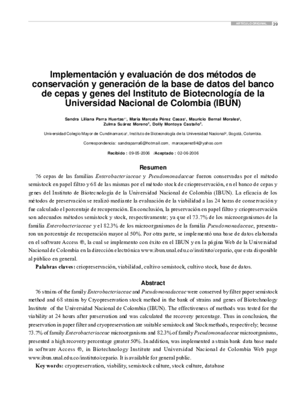 (PDF) Implementación y evaluación de dos métodos deconservación y ...