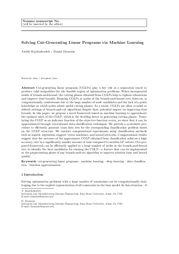 (PDF) Solving Cut-Generating Linear Programs via Machine Learning