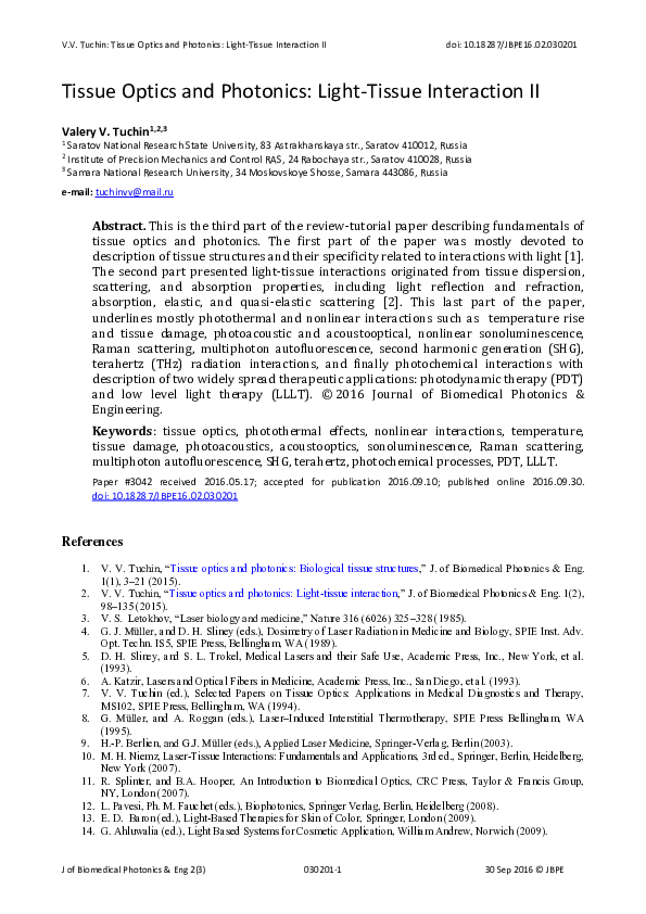 (PDF) Tissue Optics and Photonics: Light-Tissue Interaction II