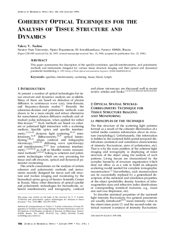 (PDF) Coherent Optical Techniques for the Analysis of Tissue Structure and Dynamics | Valery ...