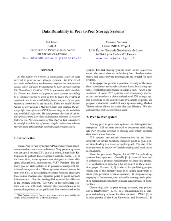 (PDF) Data durability in peer to peer storage systems