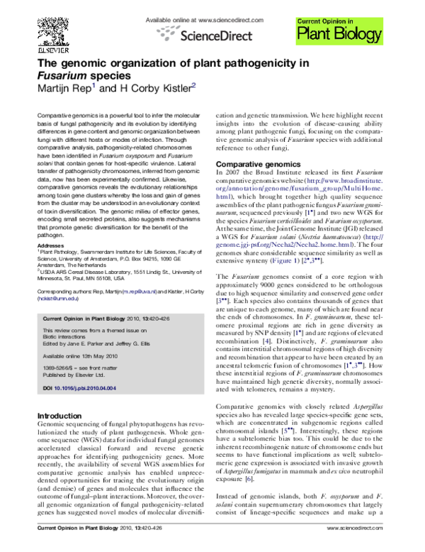 (PDF) The genomic organization of plant pathogenicity in Fusarium species