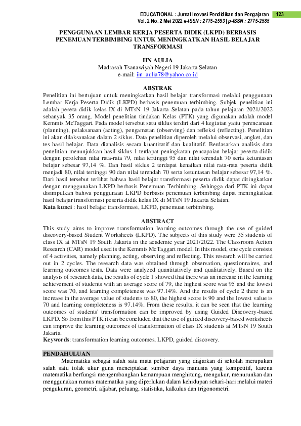 (PDF) Penggunaan Lembar Kerja Peserta Didik (LKPD) Berbasis Penemuan Terbimbing Untuk ...