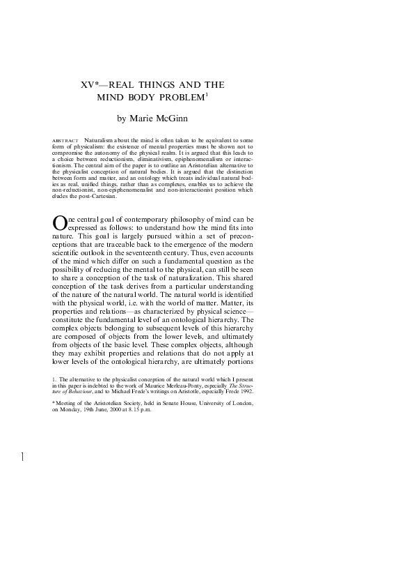 (PDF) Real Things and the Mind Body Problem