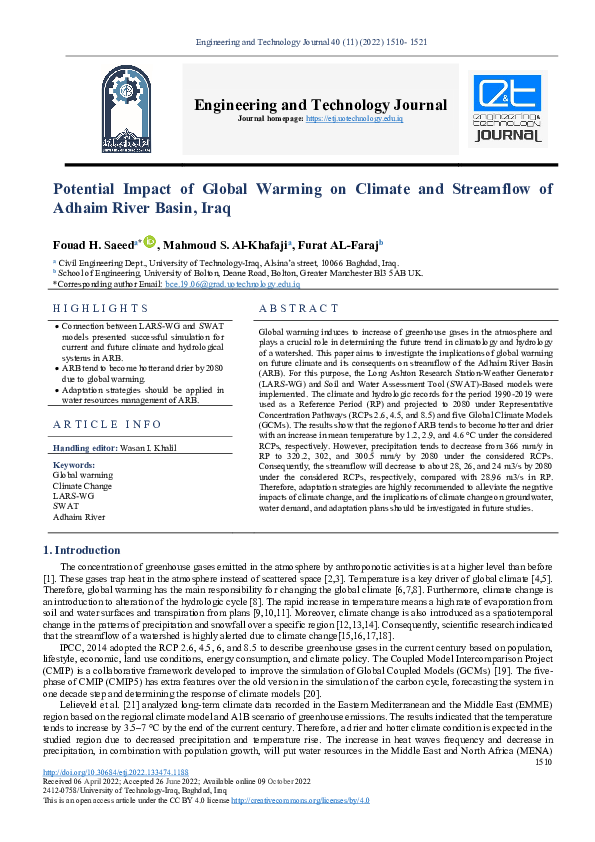 (PDF) Potential Impact of Global Warming on Climate and Streamflow of ...