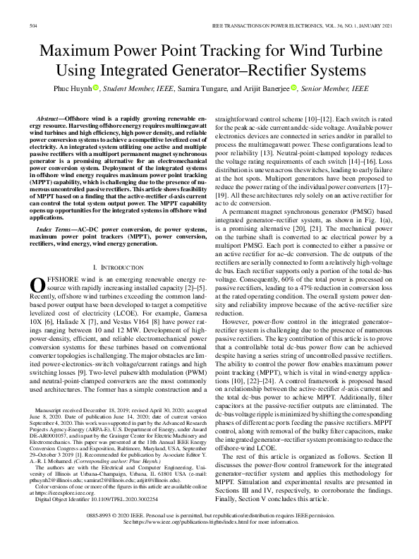 (PDF) Maximum Power Point Tracking for Wind Turbine Using Integrated Generator–Rectifier Systems