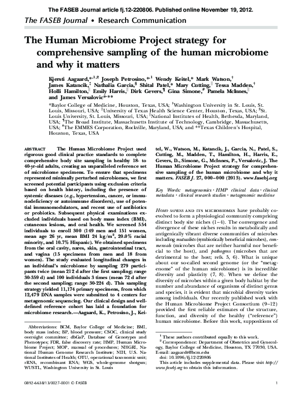 (PDF) The Human Microbiome Project strategy for comprehensive sampling ...