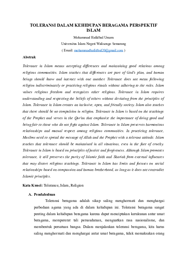 (DOC) TOLERANSI DALAM KEHIDUPAN BERAGAMA PERSPEKTIF ISLAM