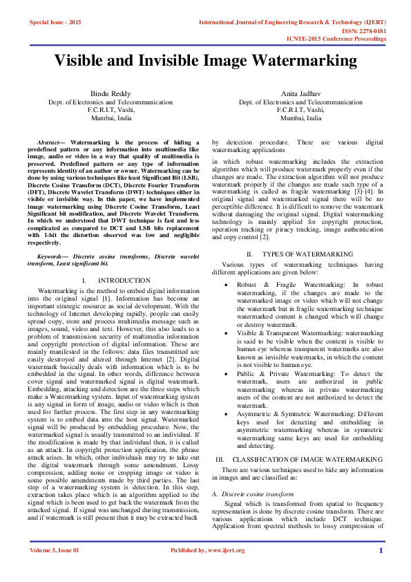 (PDF) Visible and Invisible Image Watermarking