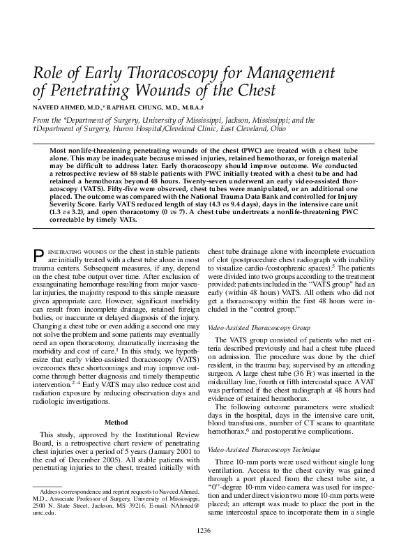(PDF) Role of Early Thoracoscopy for Management of Penetrating Wounds ...