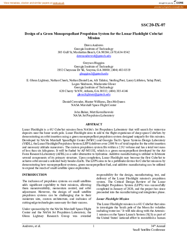 (PDF) Design of a Green Monopropellant Propulsion System for the Lunar ...
