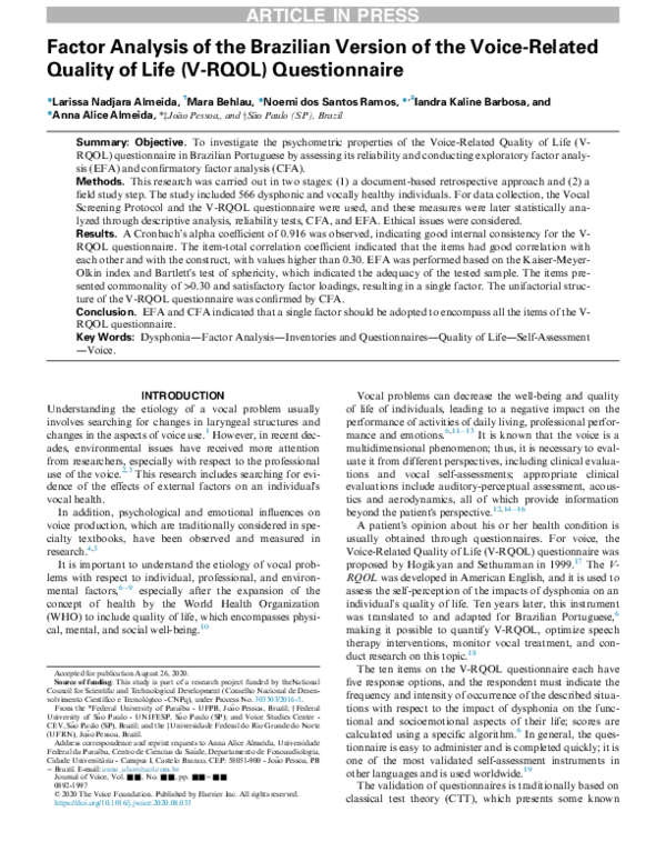 (PDF) Factor Analysis of the Brazilian Version of the Voice-Related ...