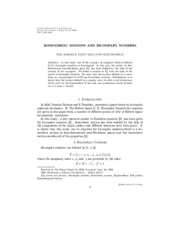 (PDF) Homothetic Motions and Bicomplex Numbers