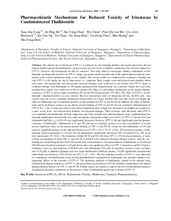 (PDF) Pharmacokinetic Mechanisms for Reduced Toxicity of Irinotecan by ...