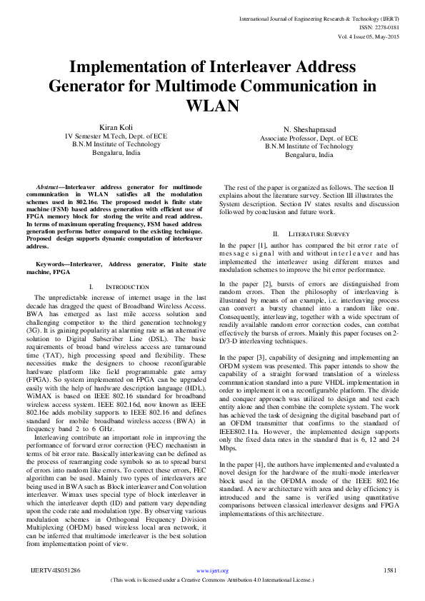 (PDF) Implementation of Interleaver Address Generator for Multimode Communication in WLAN