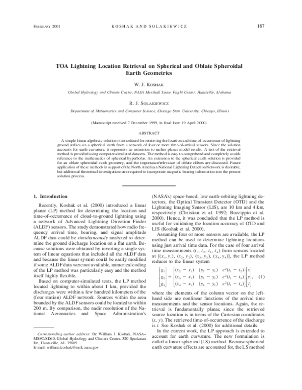 (PDF) TOA Lightning Location Retrieval on Spherical and Oblate Spheroidal Earth Geometries