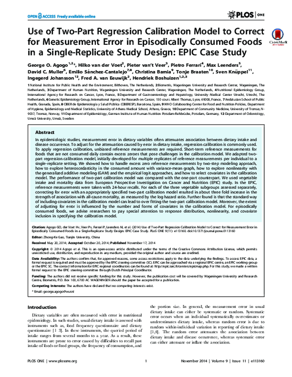 Pdf Use Of Two Part Regression Calibration Model To Correct For Measurement Error In
