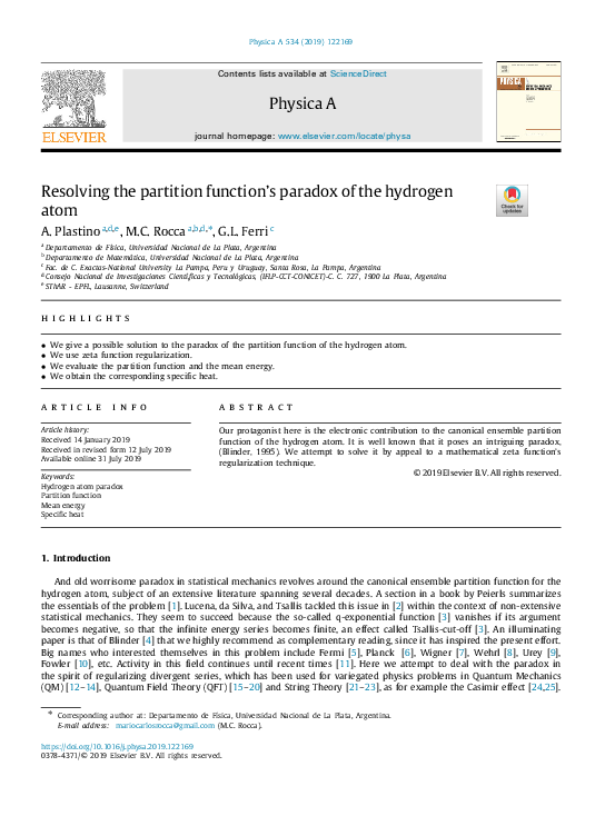 (PDF) Resolving the partition function’s paradox of the hydrogen atom