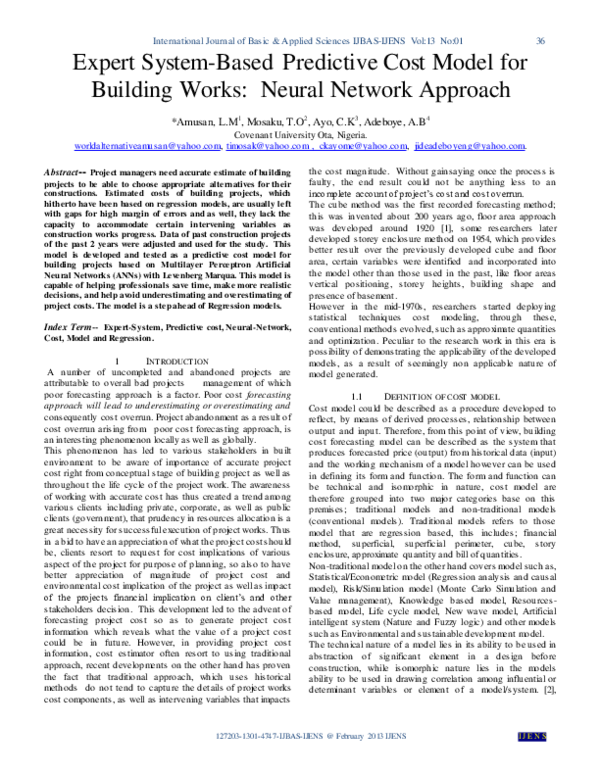 (PDF) Expert System-Based Predictive Cost Model For Building Works: Neural Network Approach