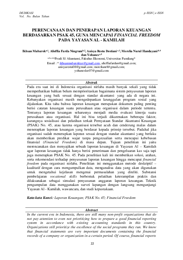 (PDF) Perencanaan Dan Penerapan Laporan Keuangan Berdasarkan Psak 45 ...