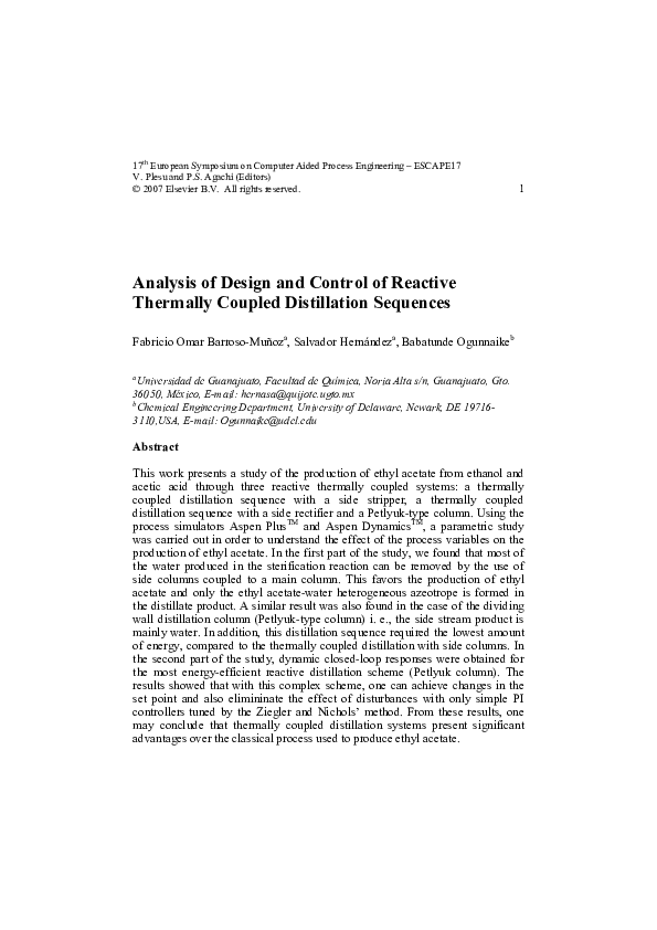 Pdf Analysis Of Design And Control Of Reactive Thermally Coupled Distillation Sequences