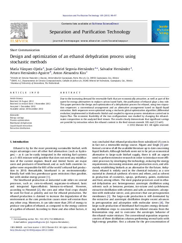 Pdf Design And Optimization Of An Ethanol Dehydration Process Using Stochastic Methods