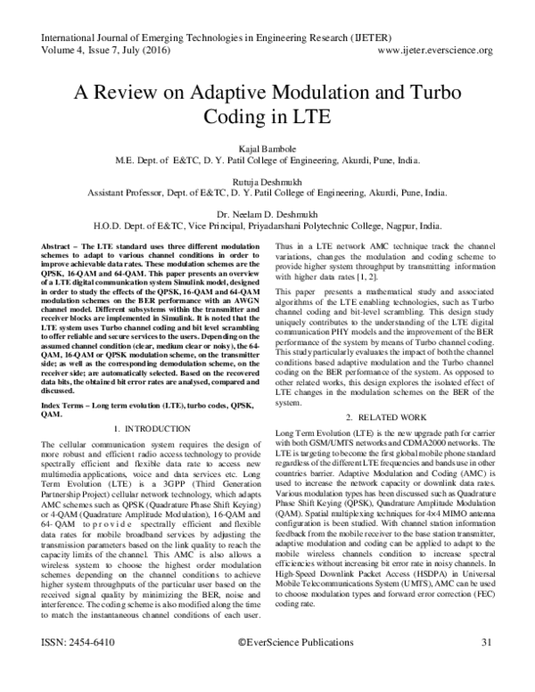Pdf A Review On Adaptive Modulation And Turbo Coding In Lte