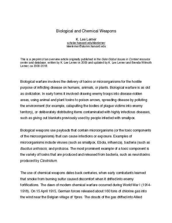 (PDF) Biological and Chemical Weapons: Overview
