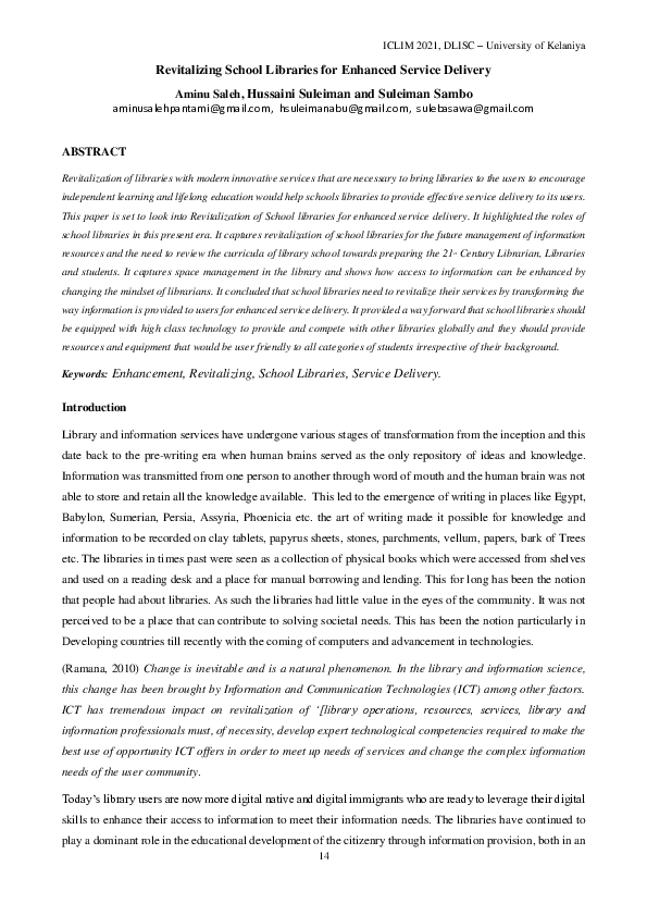 (PDF) Revitalizing School Libraries for Enhanced Service Delivery
